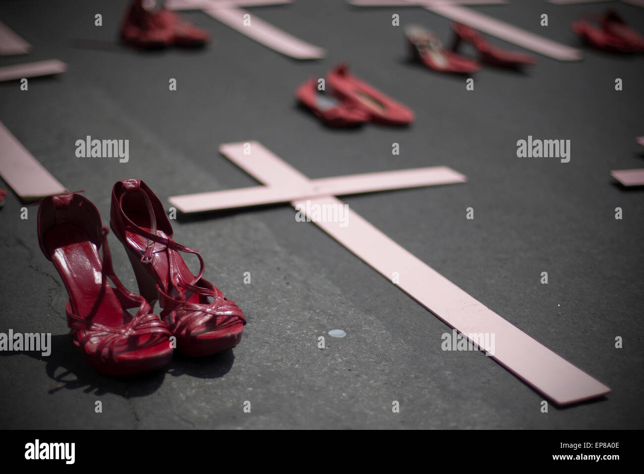 Mexico City, Mexico. 14th May, 2015. Red shoes are placed during a ...