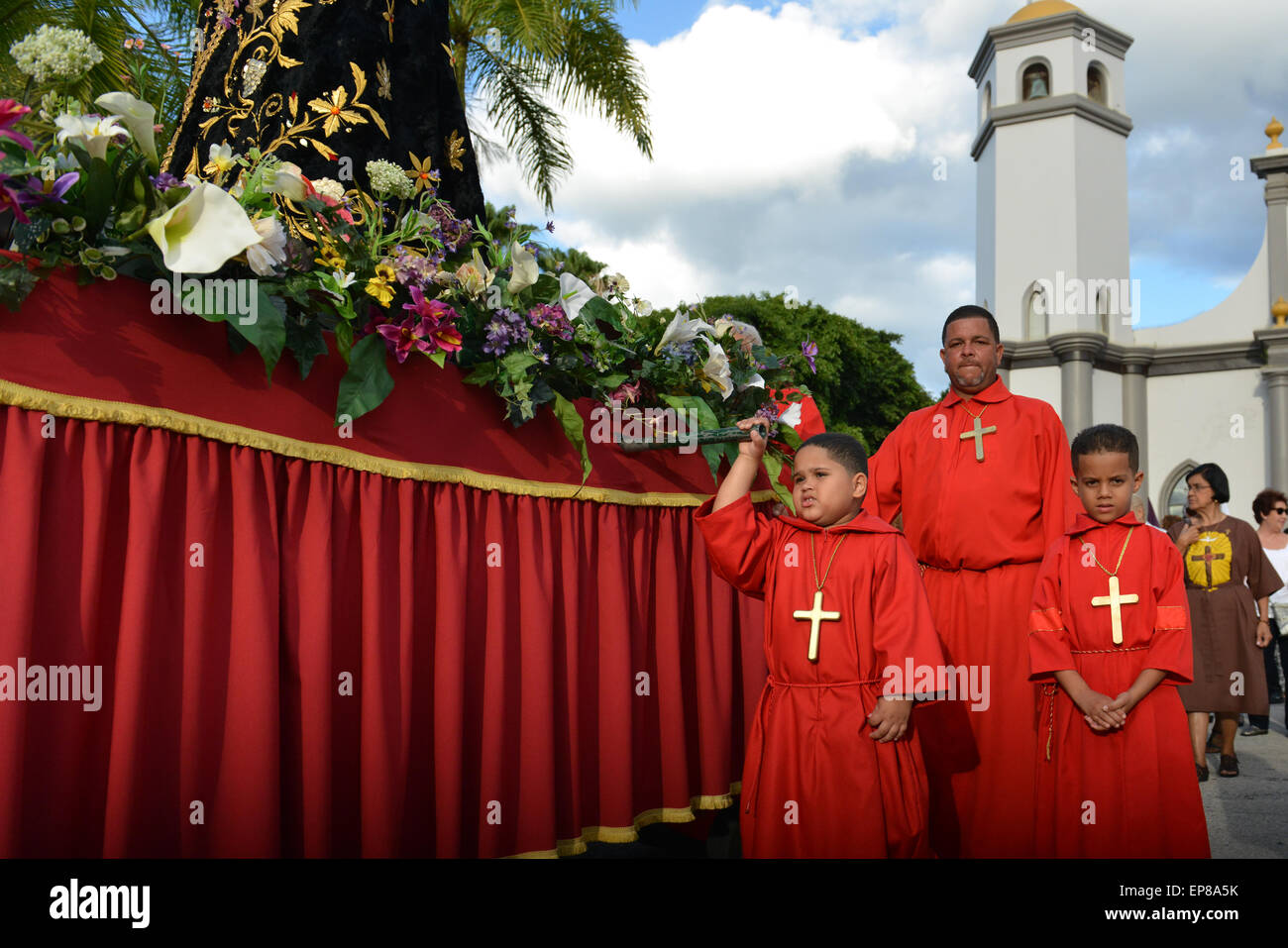 Floats in front of church for the Good Friday procession in Juana Diaz ...