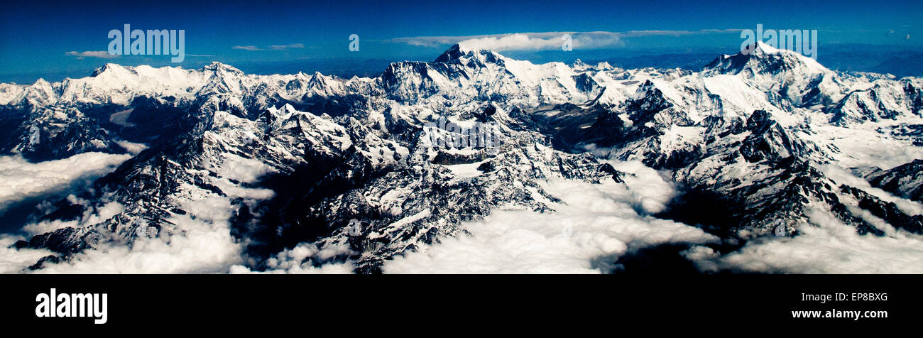 A panoramic view of the Himalayas in Nepal. Everest in the center and ...