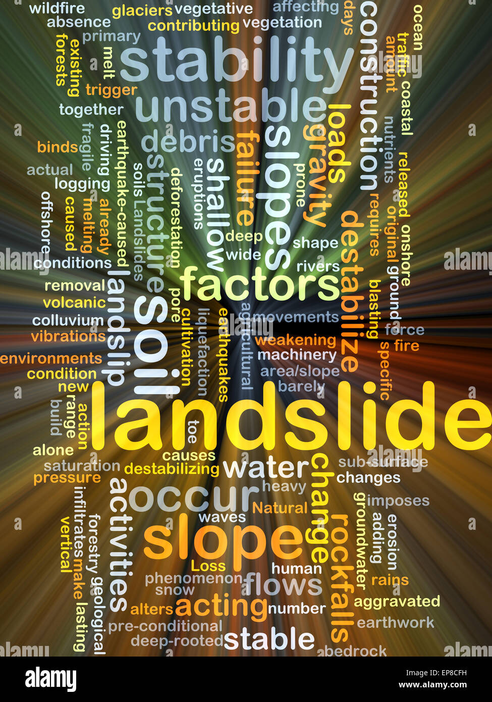Background concept wordcloud illustration of landslide glowing light ...