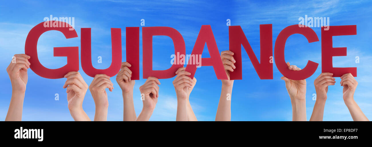 Hands Holding Red Straight Word Guidance Blue Sky Stock Photo - Alamy