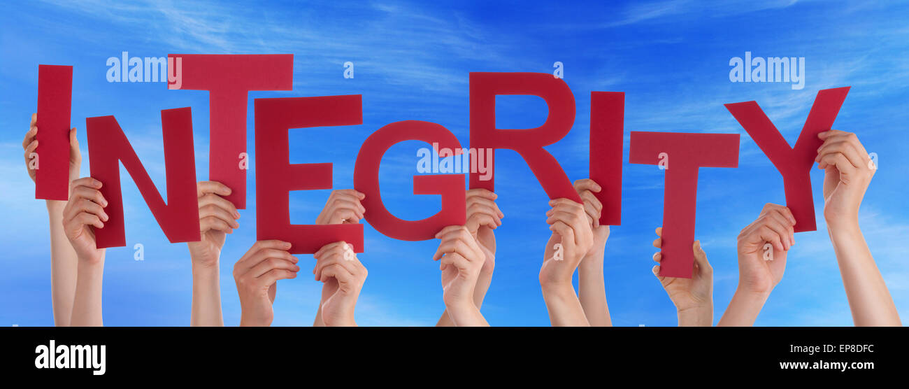 Many People Hands Hold Red Word Integrity Blue Sky Stock Photo - Alamy