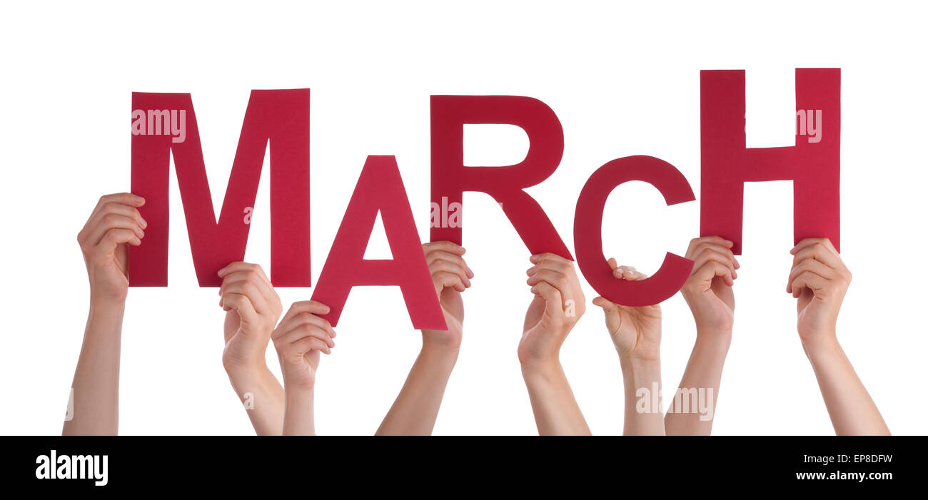 Many People Hands Holding Red Word March Blue Sky Stock Photo - Alamy