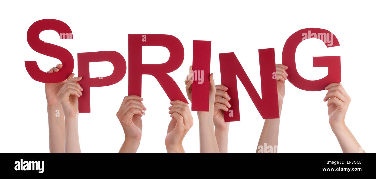 Many People Hands Holding Red Word Spring Stock Photo - Alamy