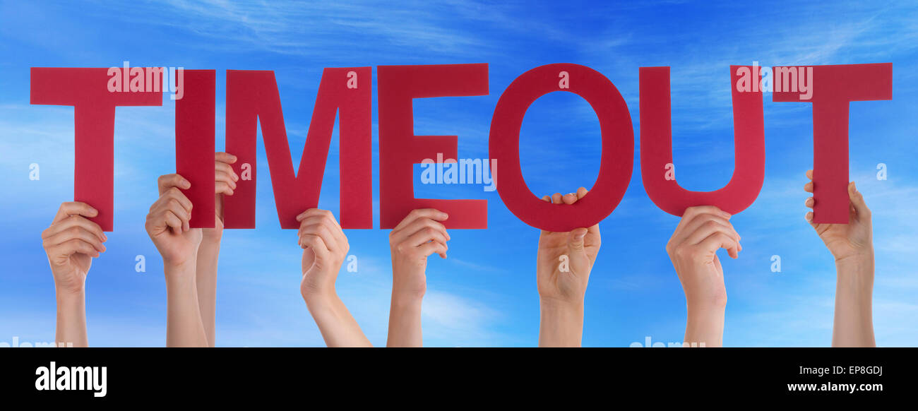 Hands Holding Red Straight Word Timeout Blue Sky Stock Photo - Alamy