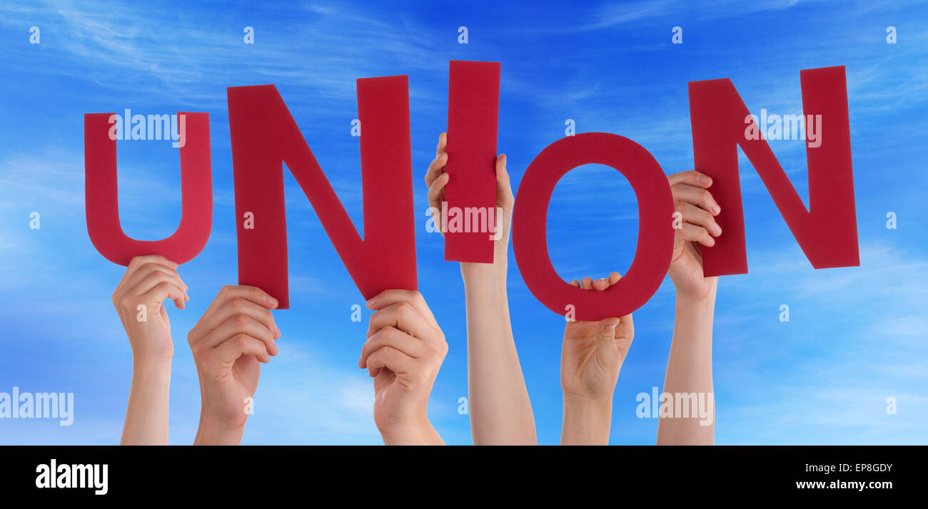 Many People Hands Holding Red Word Union Blue Sky Stock Photo - Alamy