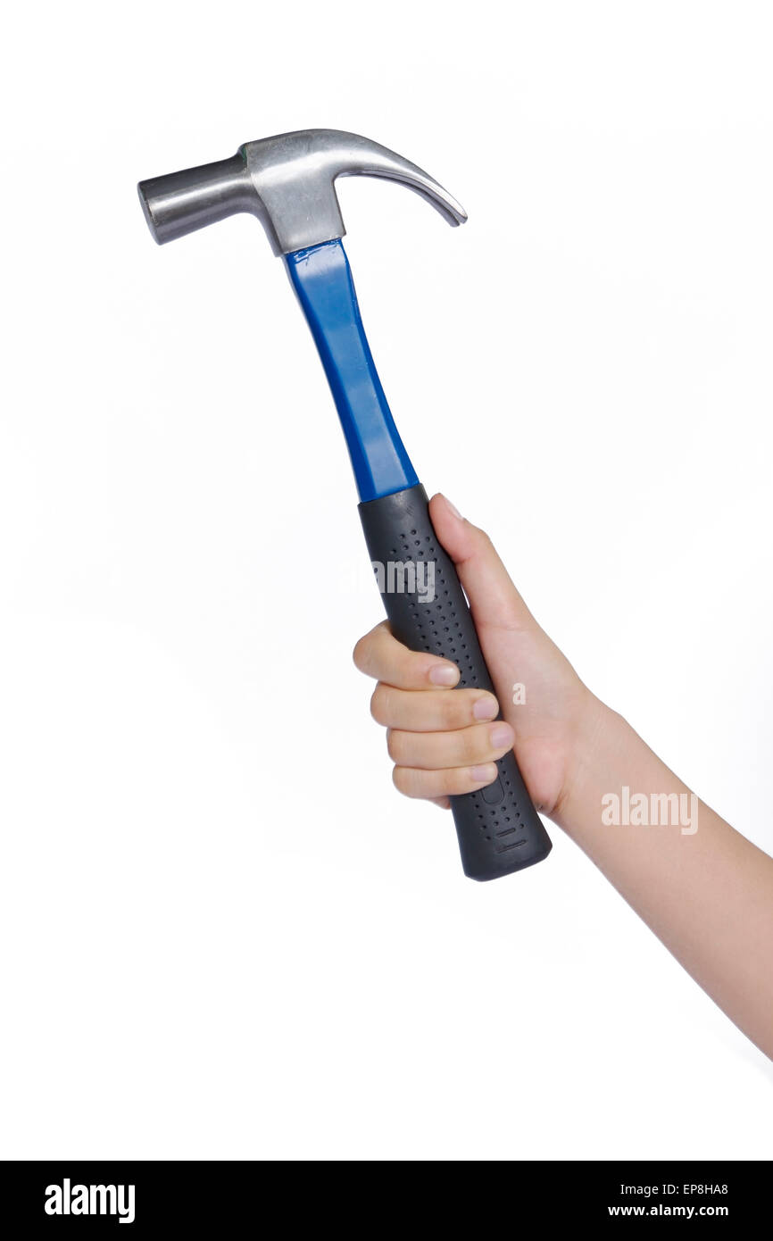 Hammer in hand isolated on white Stock Photo - Alamy