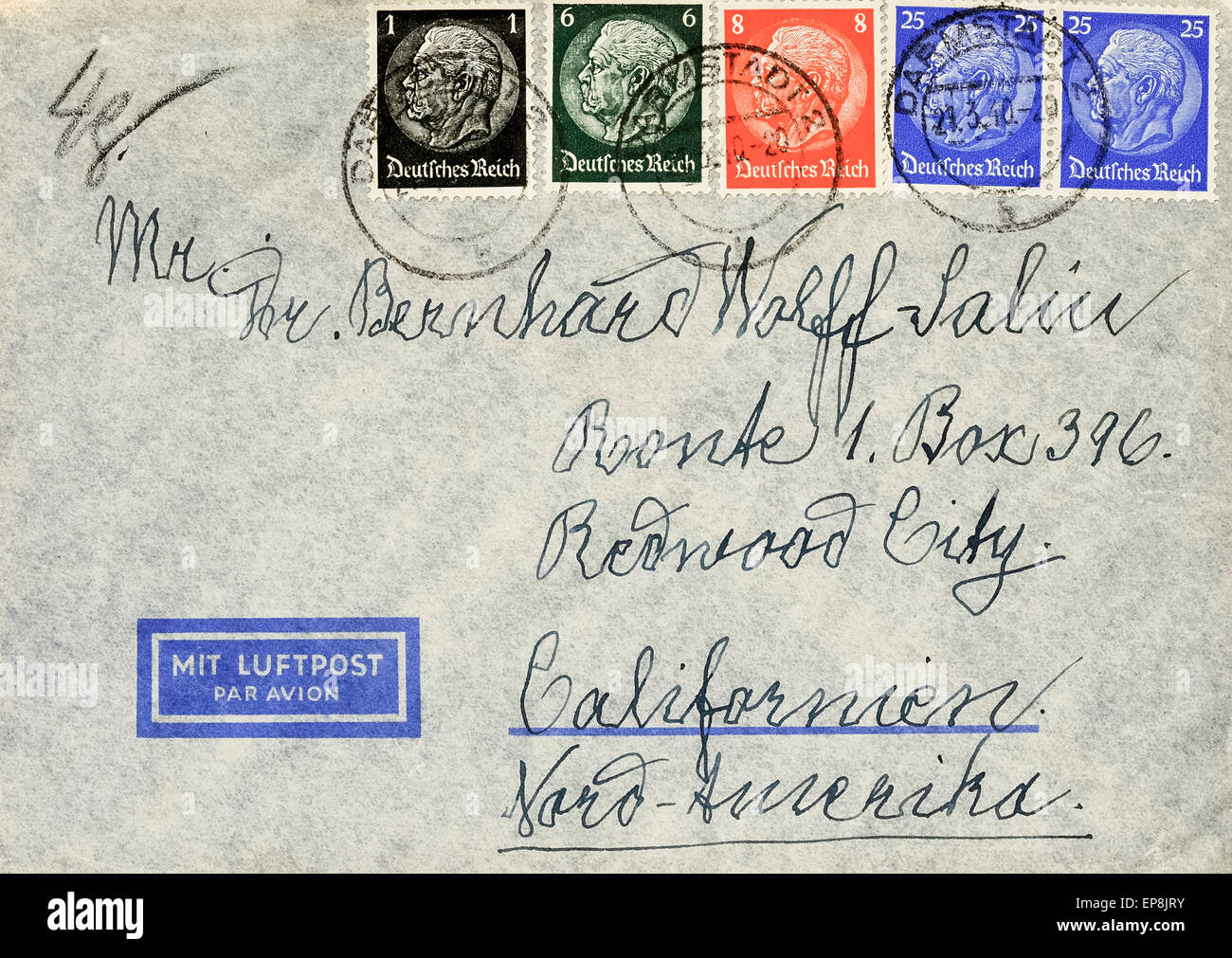 Early 20th century German air-mail letter from Darmstadt to Redwood ...