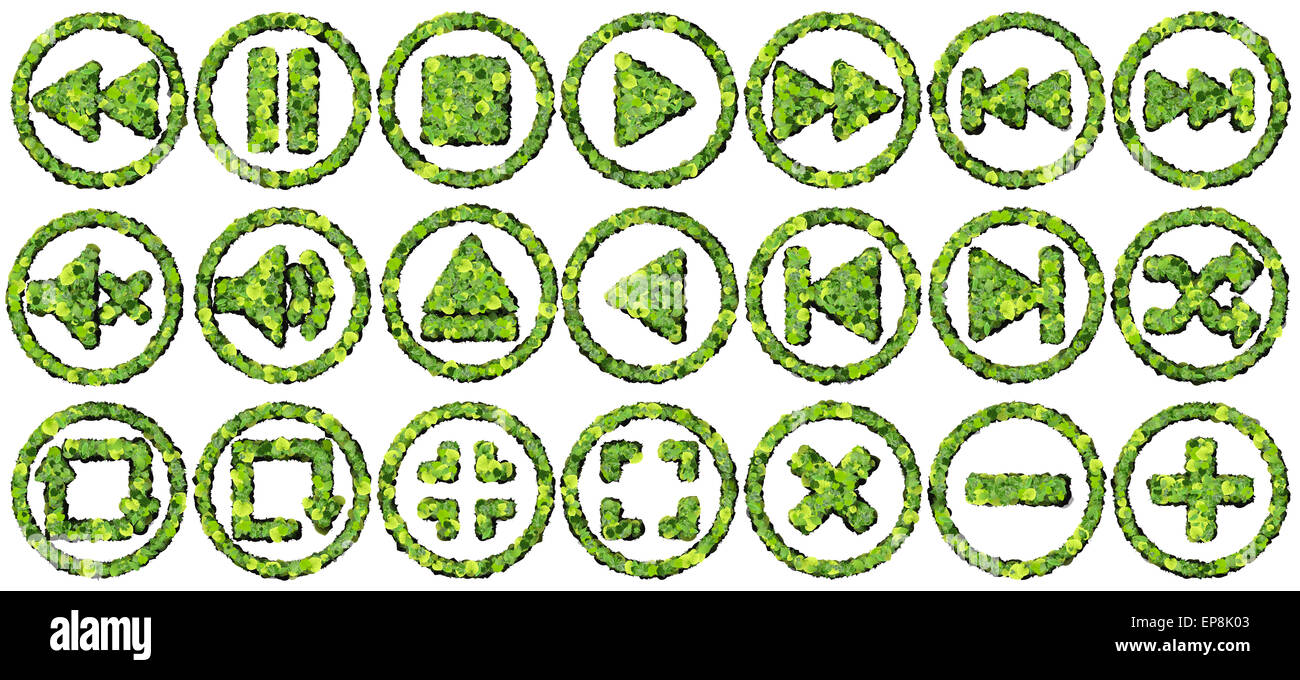 Media controls made from green leaves isolated on white background. 3D ...