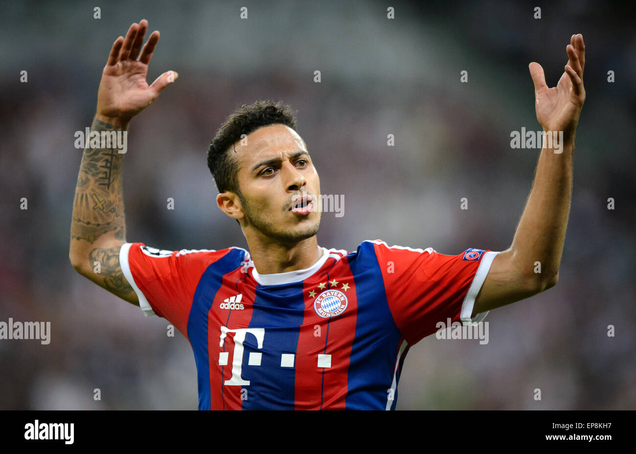 Munich, Germany. 12th May, 2015. Munich's Thiago Alcantara reacts ...