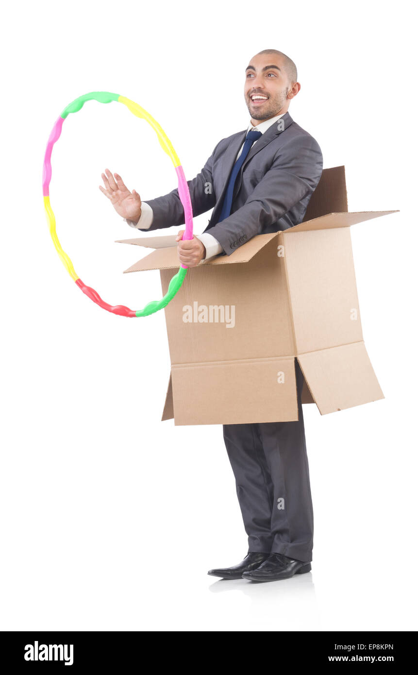 Man with box and hula hoop Stock Photo - Alamy