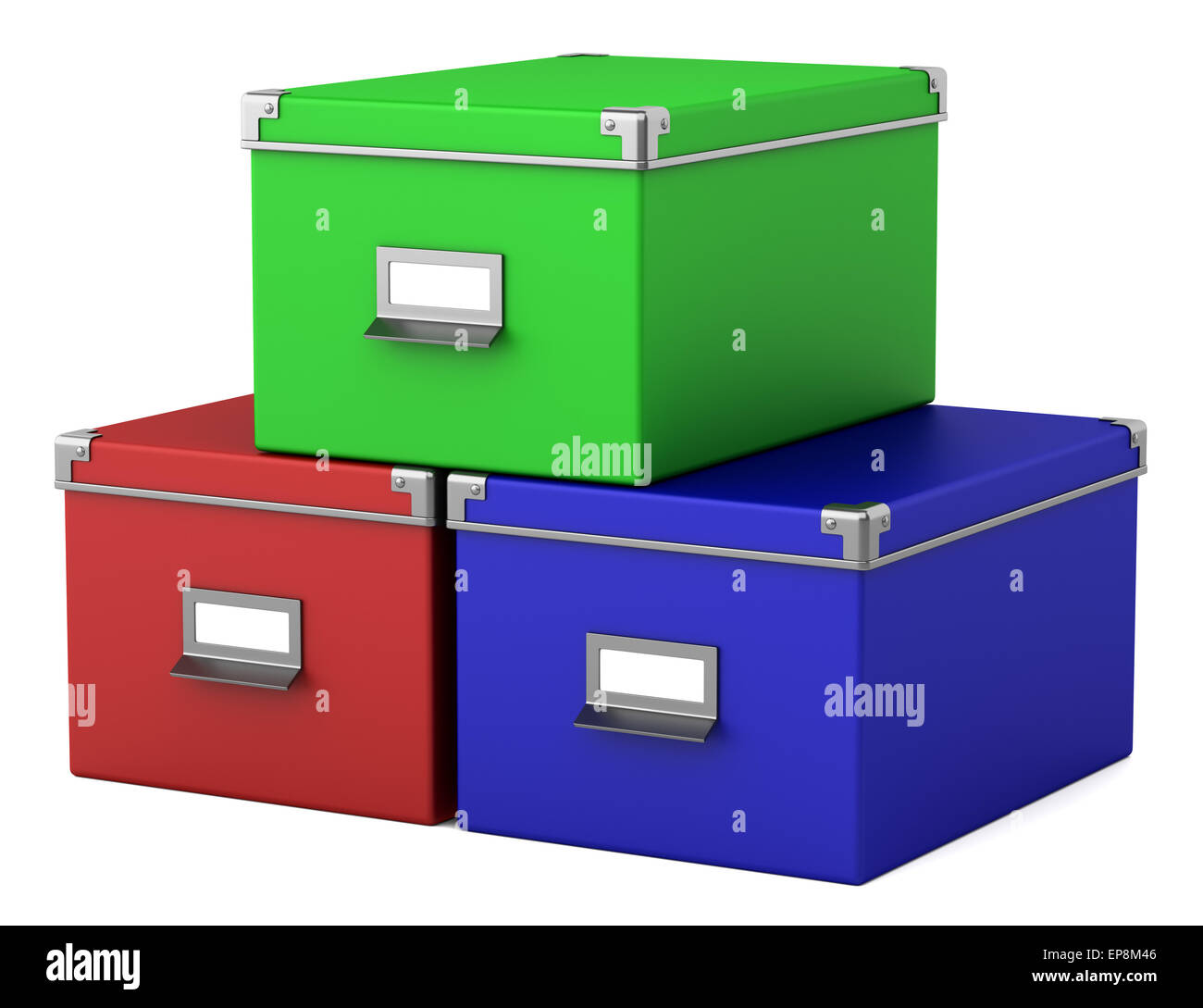 three color office cardboard boxes isolated Stock Photo - Alamy