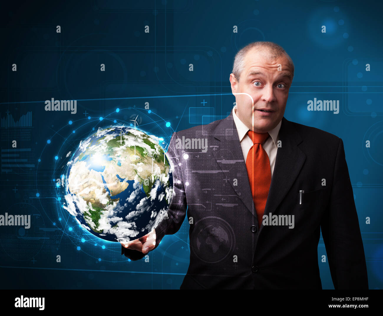 Businessman touching high-tech 3d earth panel Stock Photo - Alamy