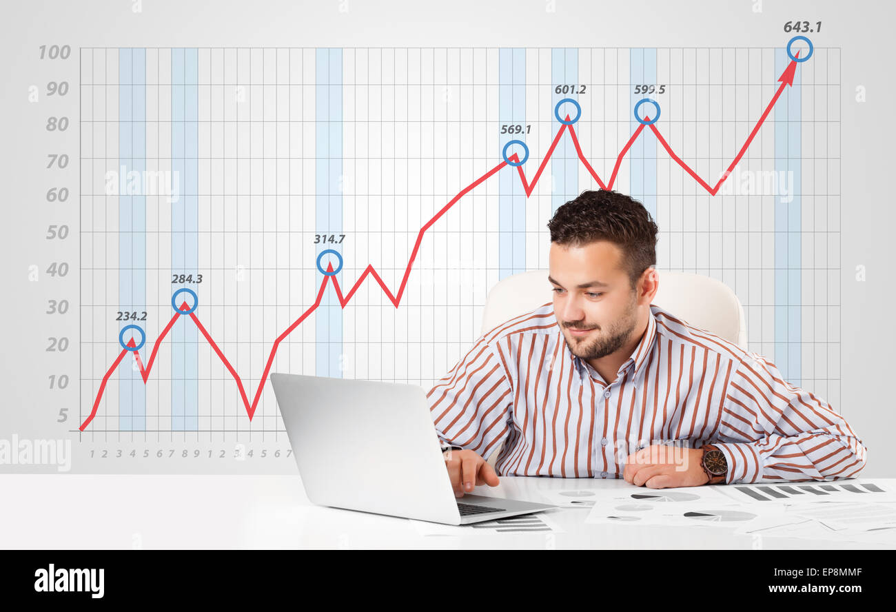 Businessman calculating stock market with rising graph in the ...