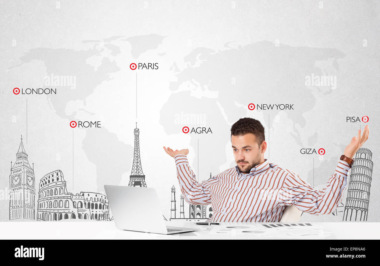 Businessman with world map and major landmarks of the world Stock Photo ...