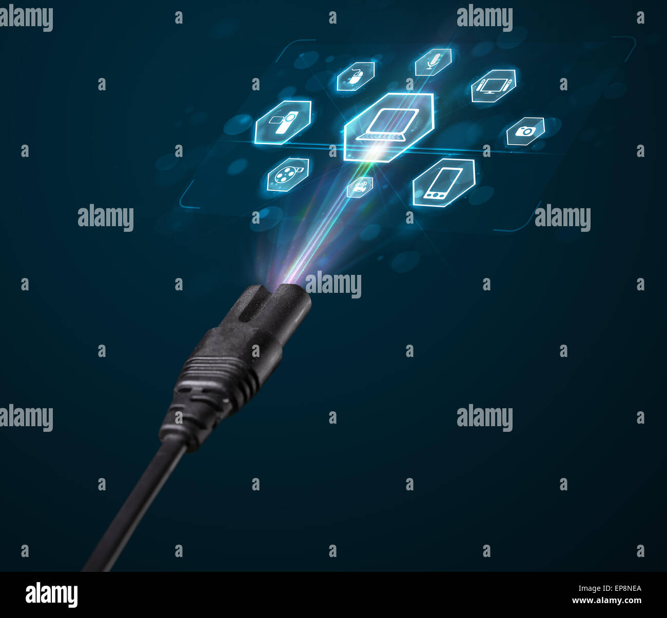 Electric cable with multimedia icons Stock Photo - Alamy