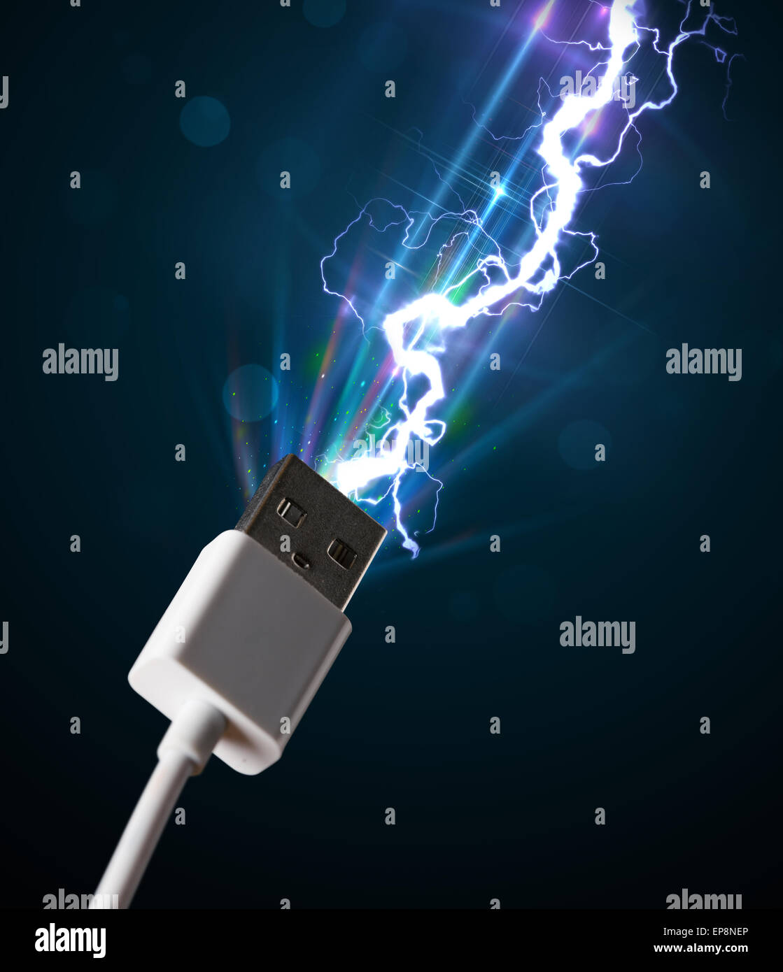 Electric cable with glowing electricity lightning Stock Photo - Alamy