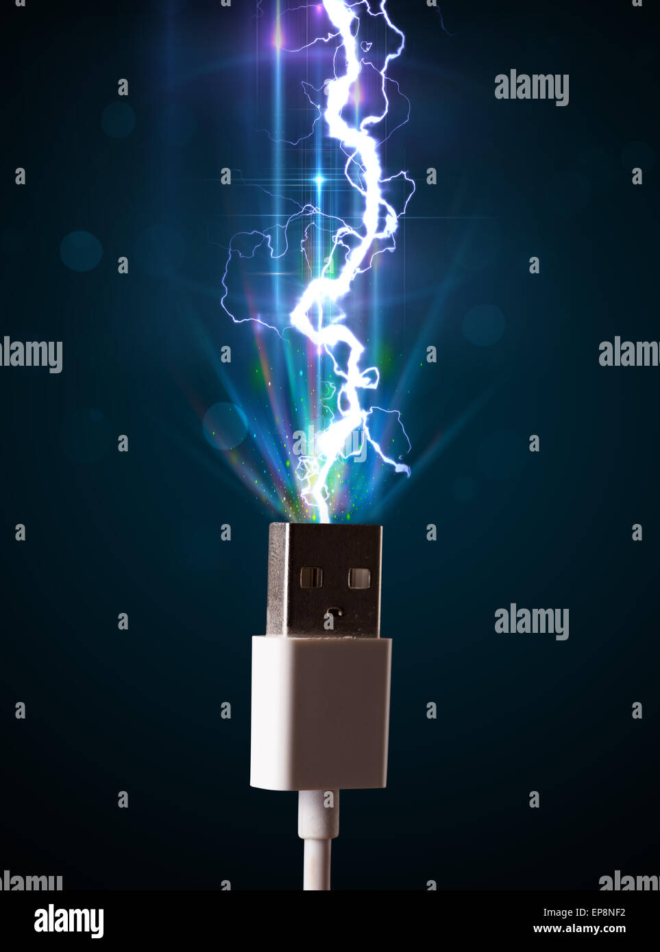 Electric cable with glowing electricity lightning Stock Photo - Alamy