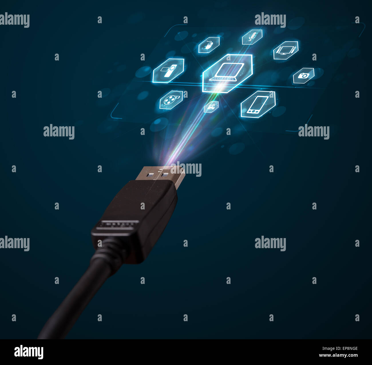 Electric cable with multimedia icons Stock Photo - Alamy
