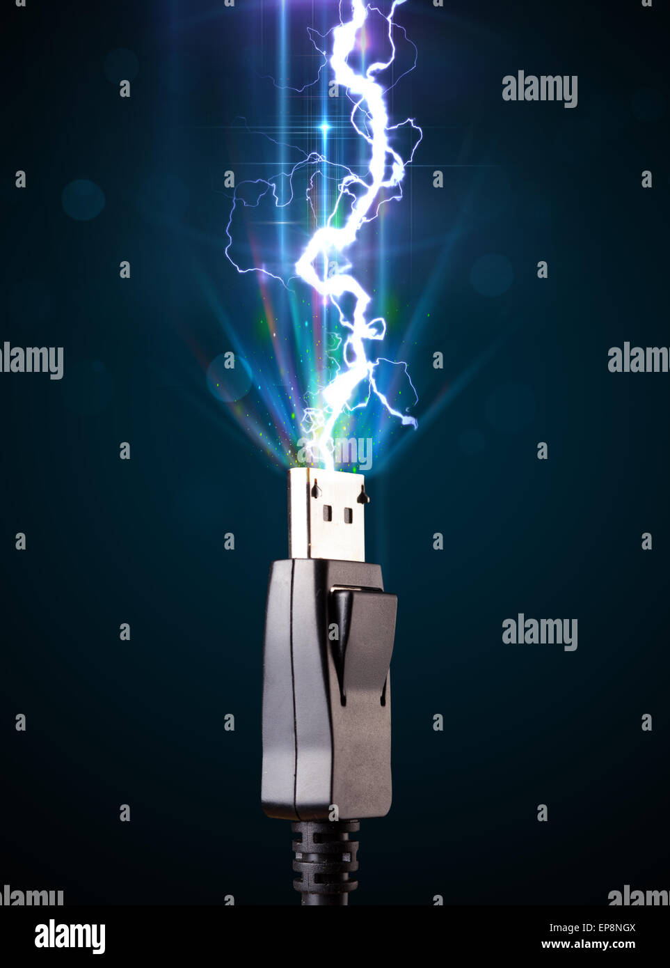 Electric cable with glowing electricity lightning Stock Photo - Alamy