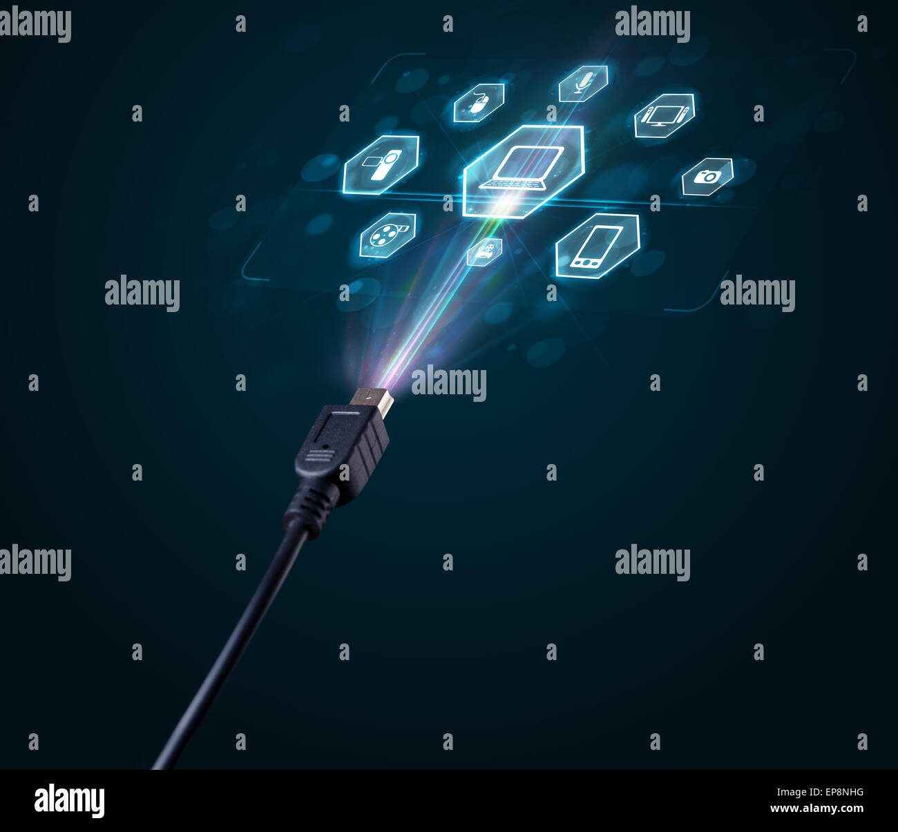 Electric cable with multimedia icons Stock Photo - Alamy