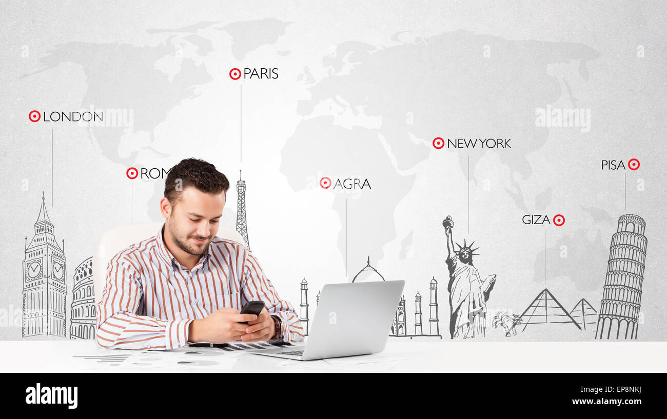 Businessman with world map and major landmarks of the world Stock Photo ...