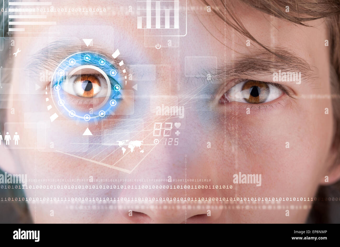Futuristic modern cyber man with technology screen eye panel Stock ...