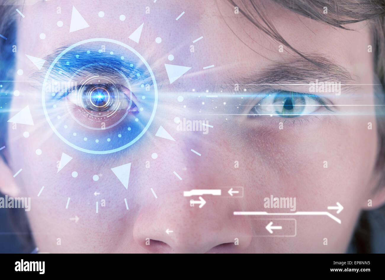 Cyber man with technolgy eye looking into blue iris Stock Photo - Alamy