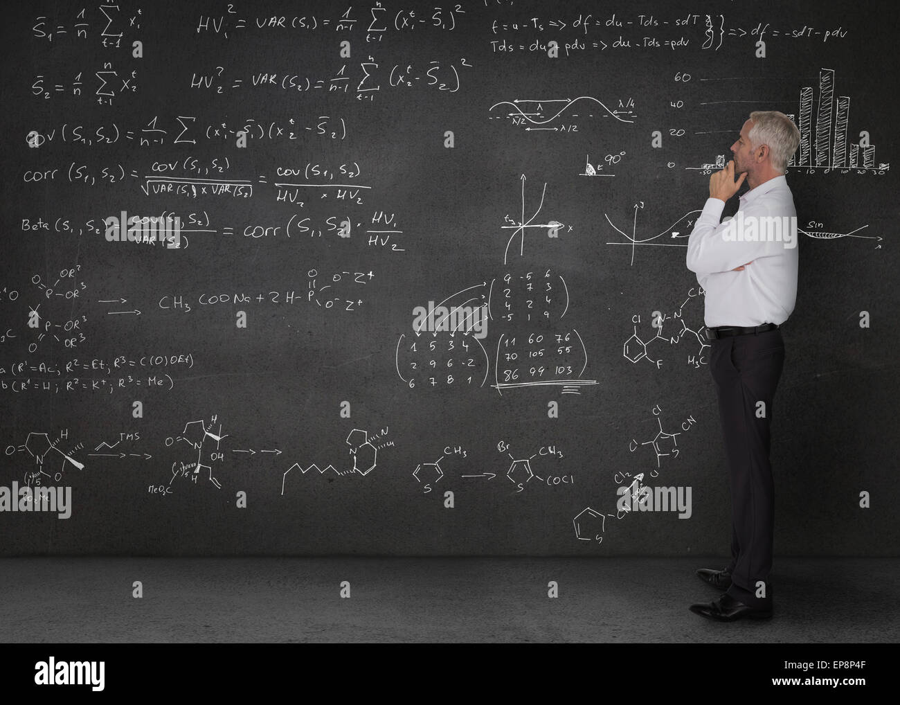 Elegant businessman looking at maths equations Stock Photo - Alamy
