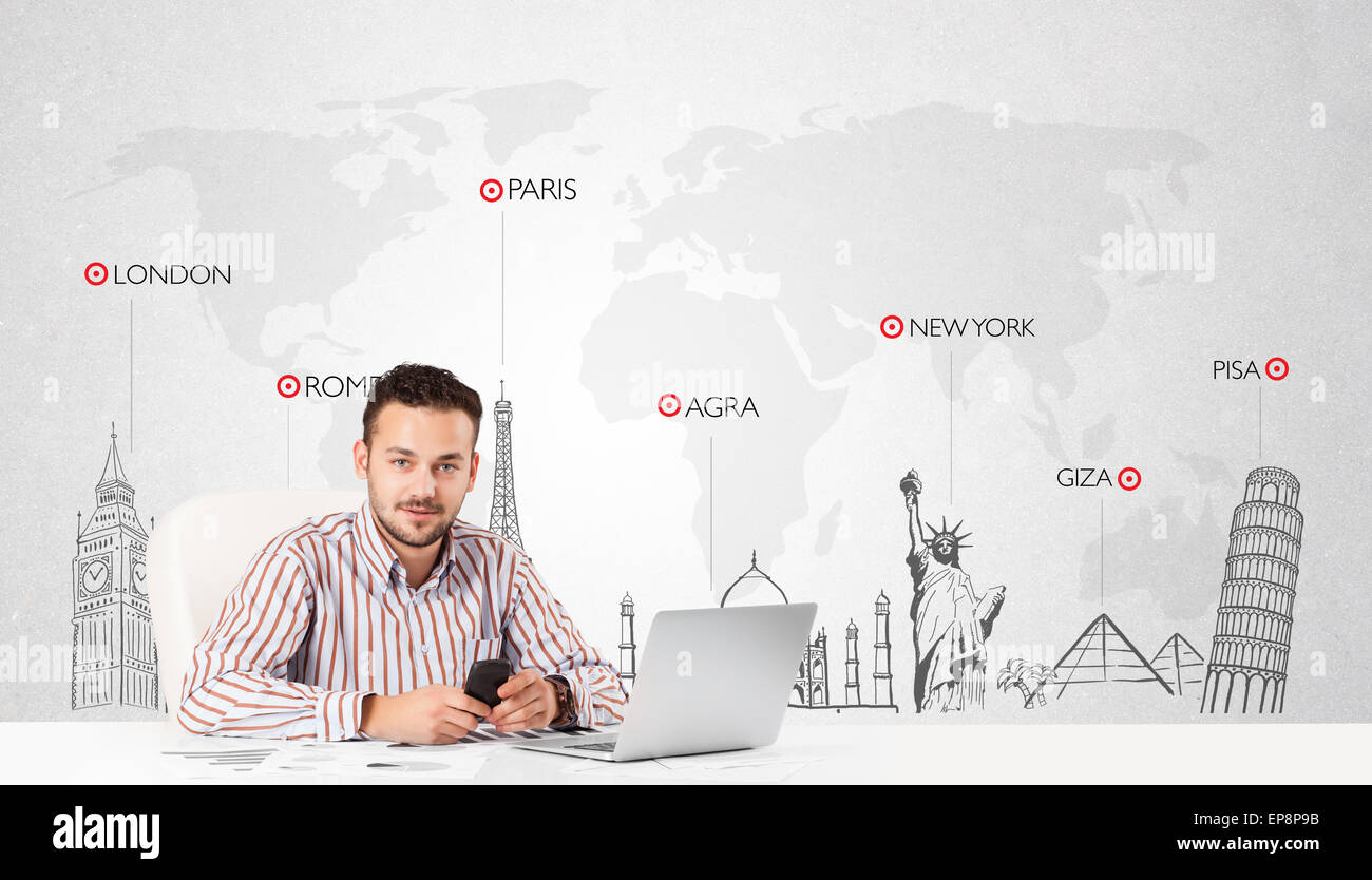 Businessman with world map and major landmarks of the world Stock Photo ...