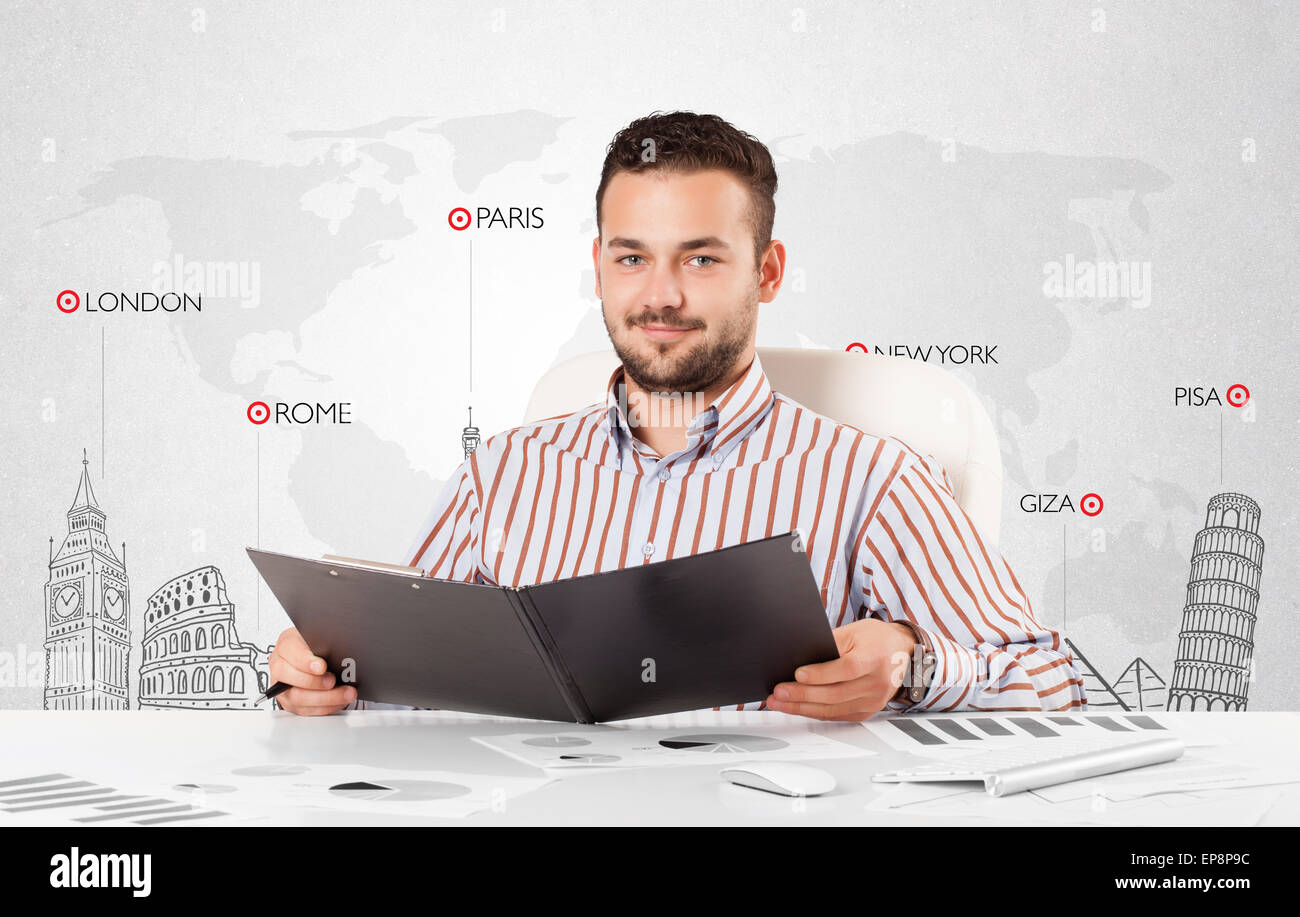 Businessman with world map and major landmarks of the world Stock Photo ...