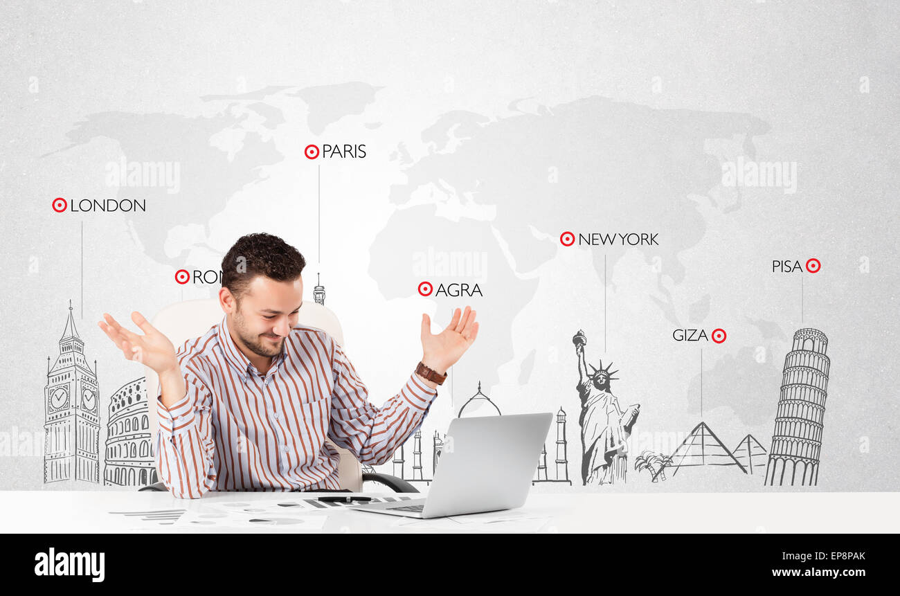 Businessman with world map and major landmarks of the world Stock Photo ...