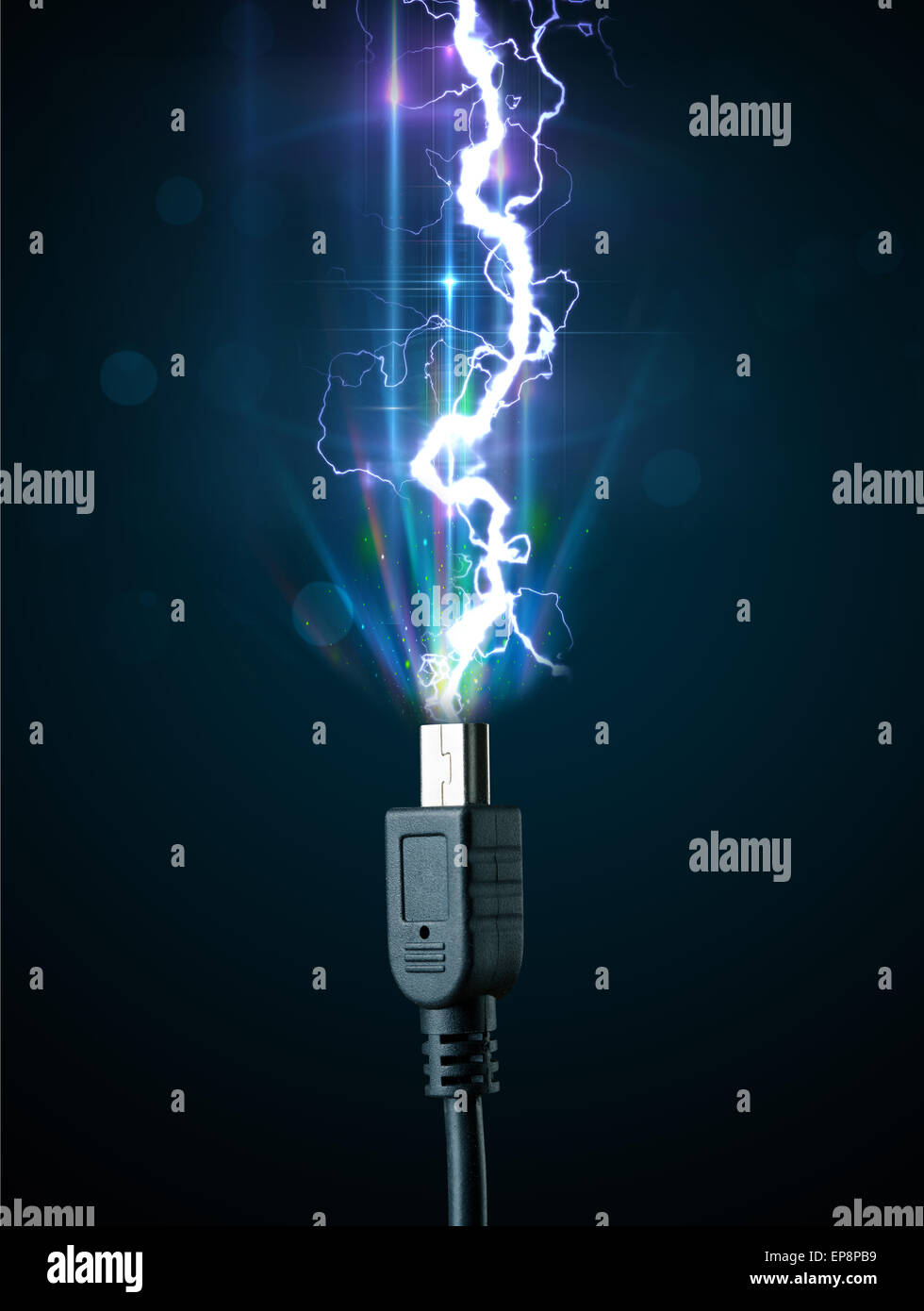 Electric cable with glowing electricity lightning Stock Photo - Alamy