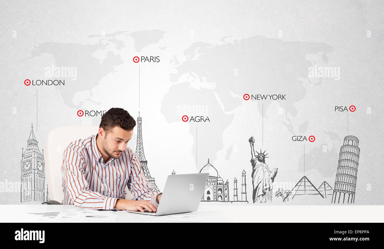 Businessman with world map and major landmarks of the world Stock Photo ...