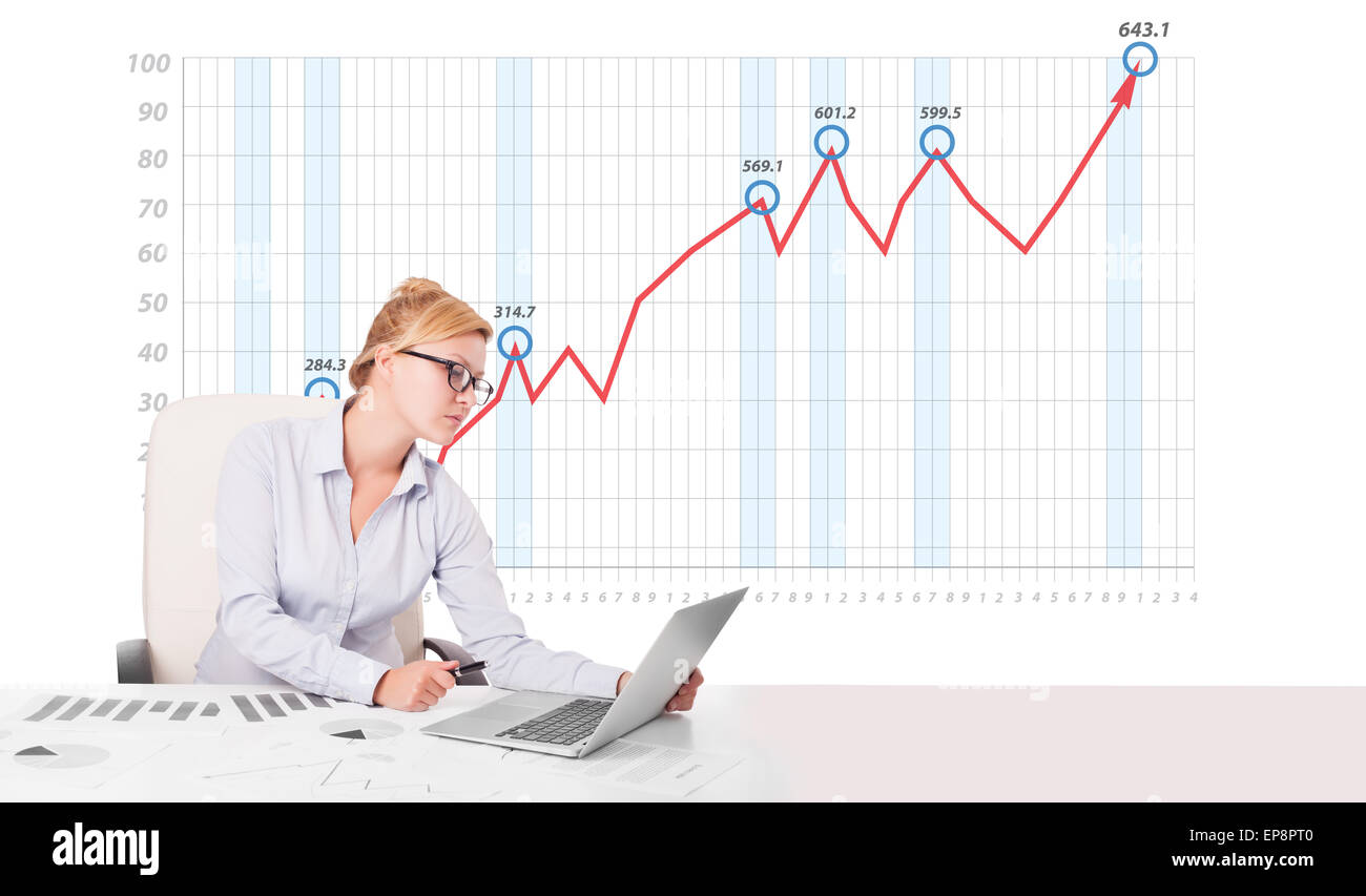 Young businesswoman calculating stock market with rising graph in the ...