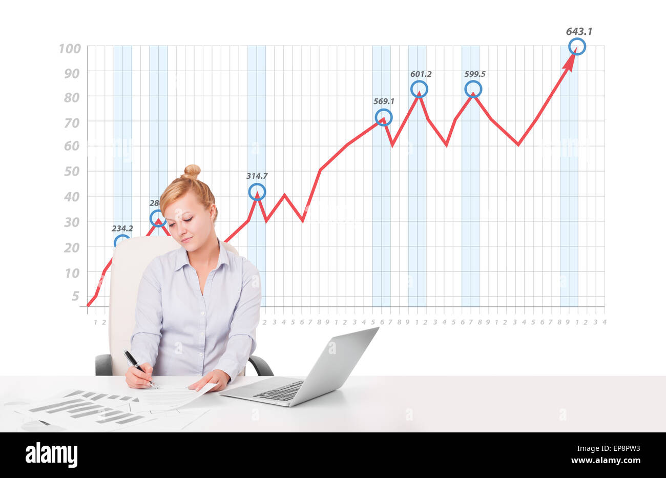 Young businesswoman calculating stock market with rising graph in the ...