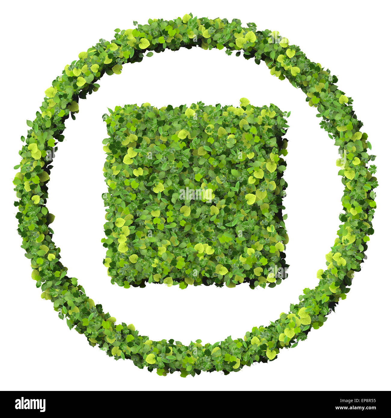 Media control stop icon, made from green leaves isolated on white ...