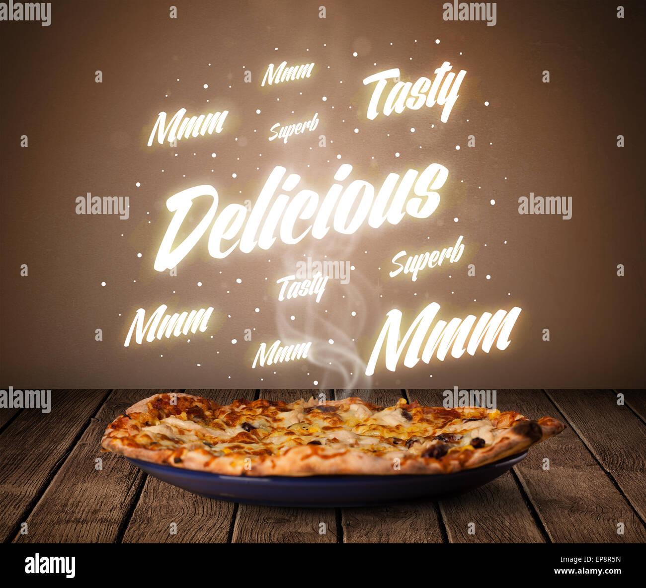 Pizza with delicious and tasty glowing writings Stock Photo - Alamy