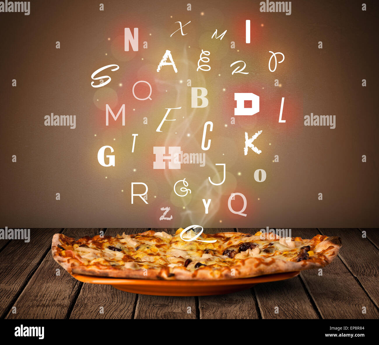 Fresh italian pizza with colorful letters on wood Stock Photo - Alamy