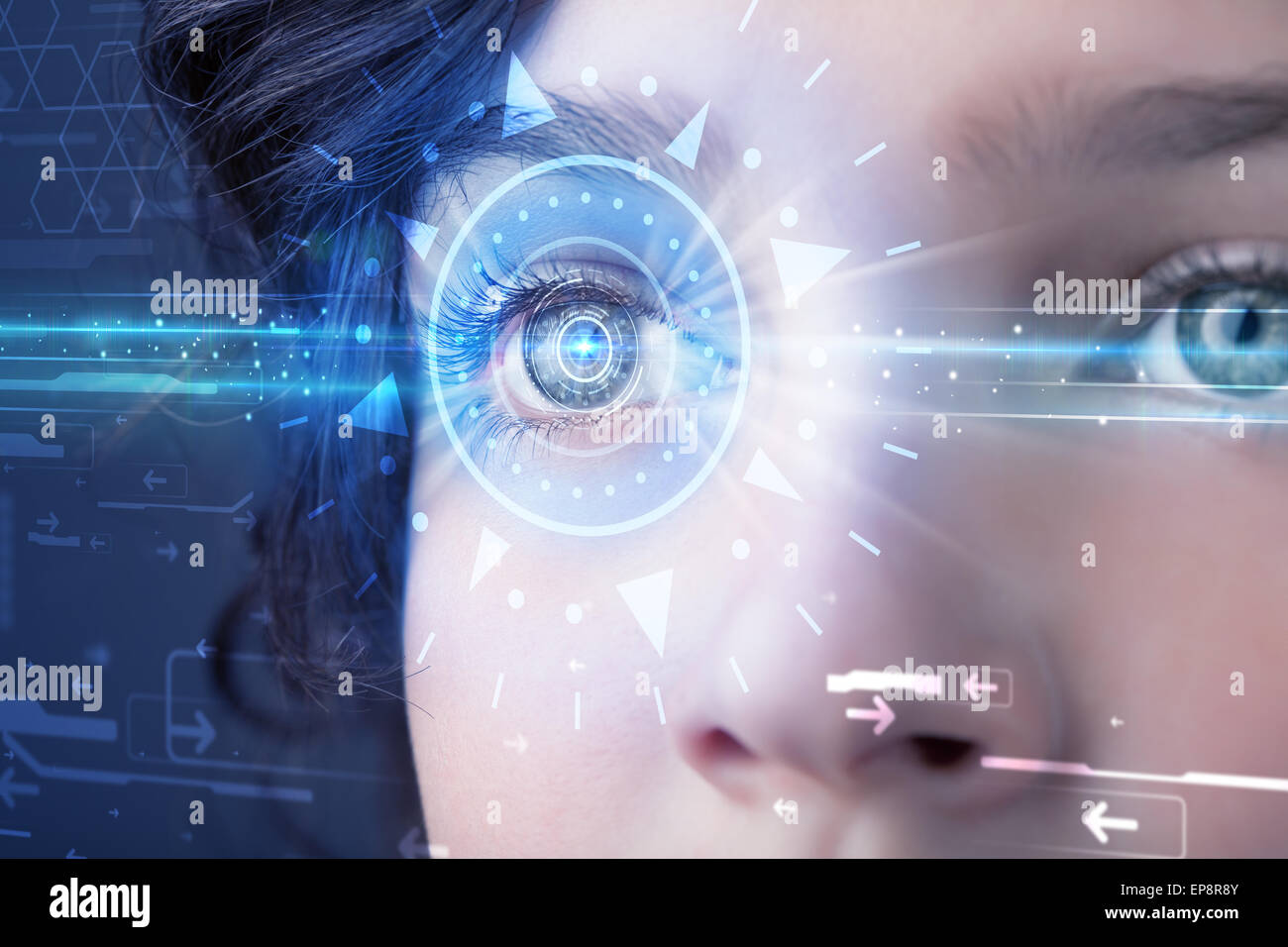 Cyber girl with technolgy eye looking into blue iris Stock Photo - Alamy