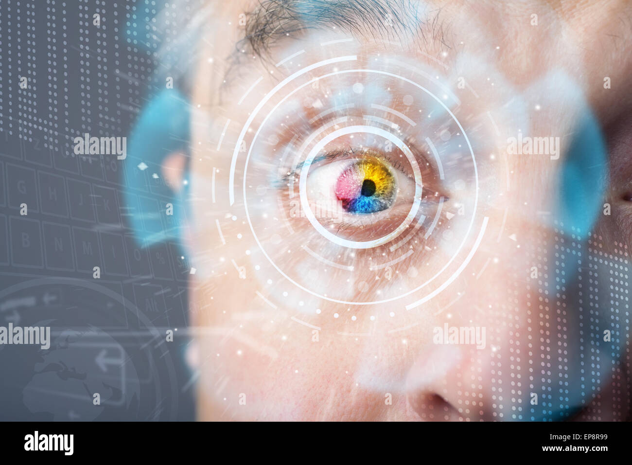 Futuristic modern cyber man with technology screen eye panel Stock ...