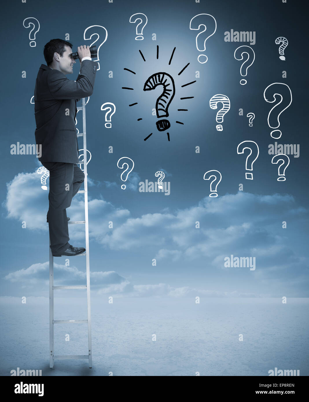 Businessman on a ladder next to question marks drawn Stock Photo - Alamy
