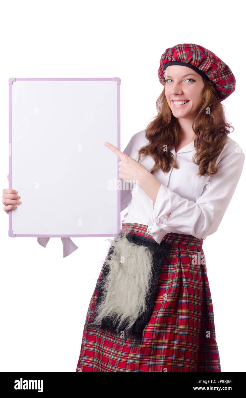 Scottish woman with board on white Stock Photo - Alamy
