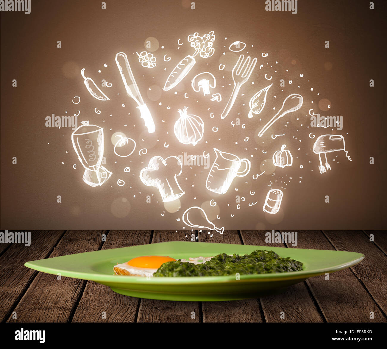 Plate of food with white kitchen icons Stock Photo - Alamy