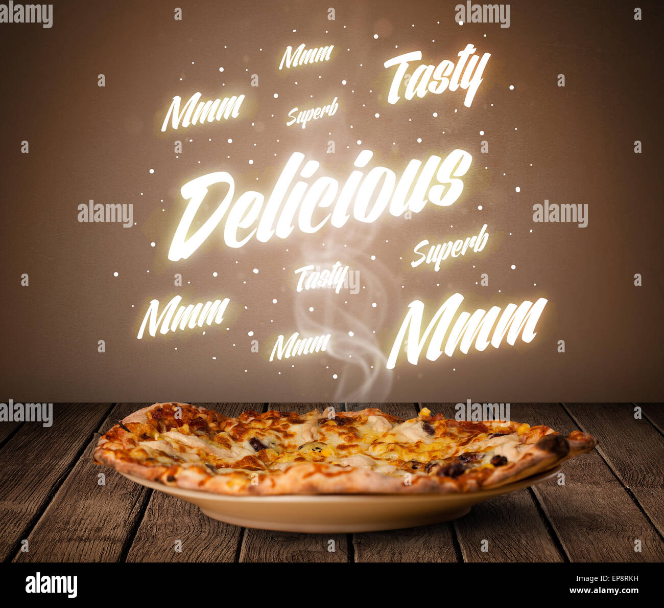 Pizza with delicious and tasty glowing writings Stock Photo - Alamy