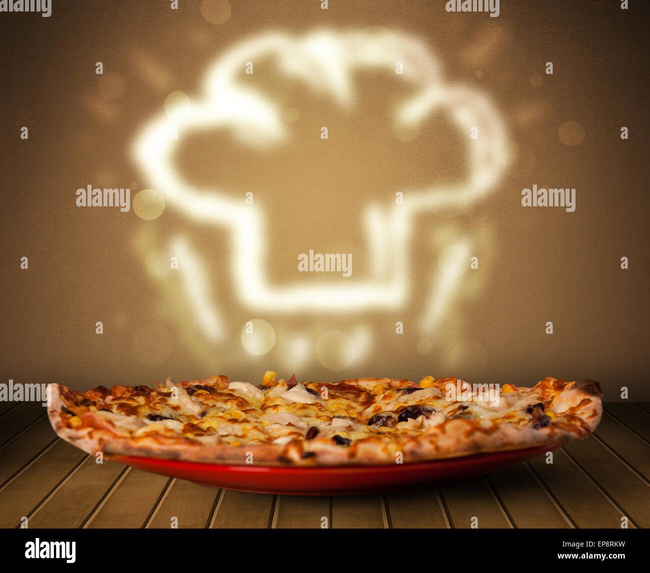 Delicious pizza with chef cook hat steam illustration Stock Photo - Alamy