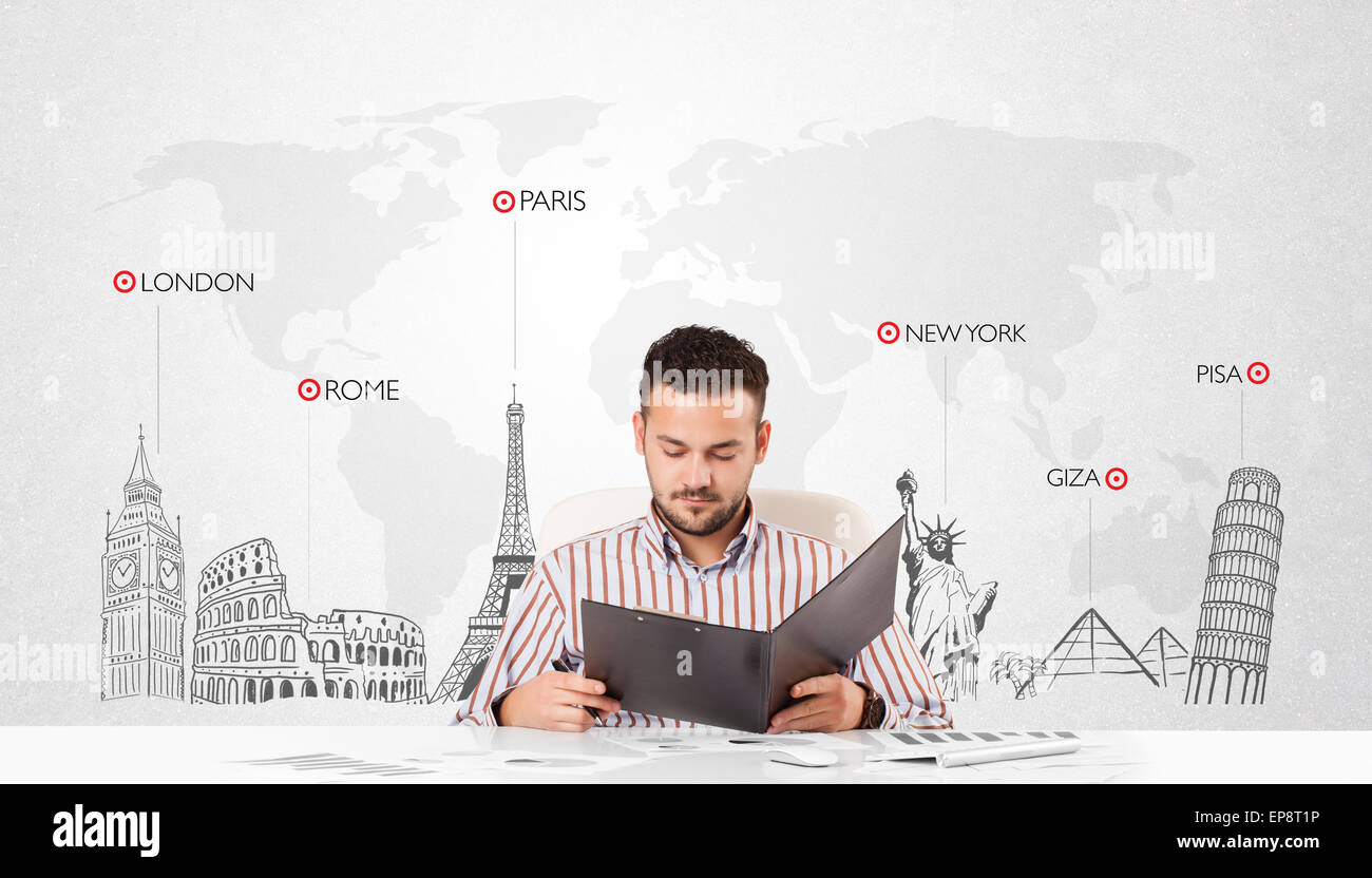 Businessman with world map and major landmarks of the world Stock Photo ...