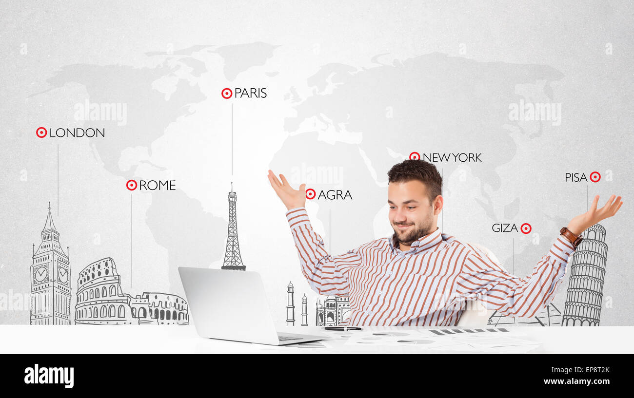 Businessman with world map and major landmarks of the world Stock Photo ...