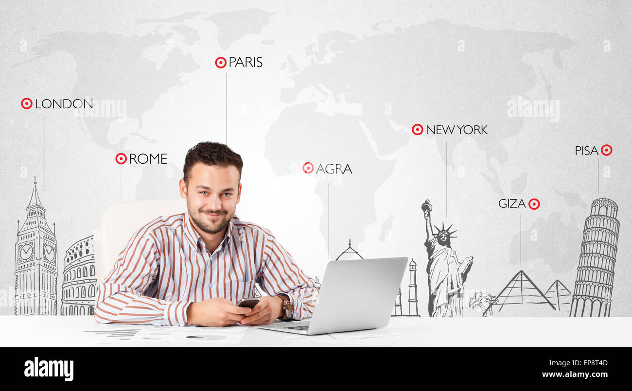 Businessman with world map and major landmarks of the world Stock Photo ...