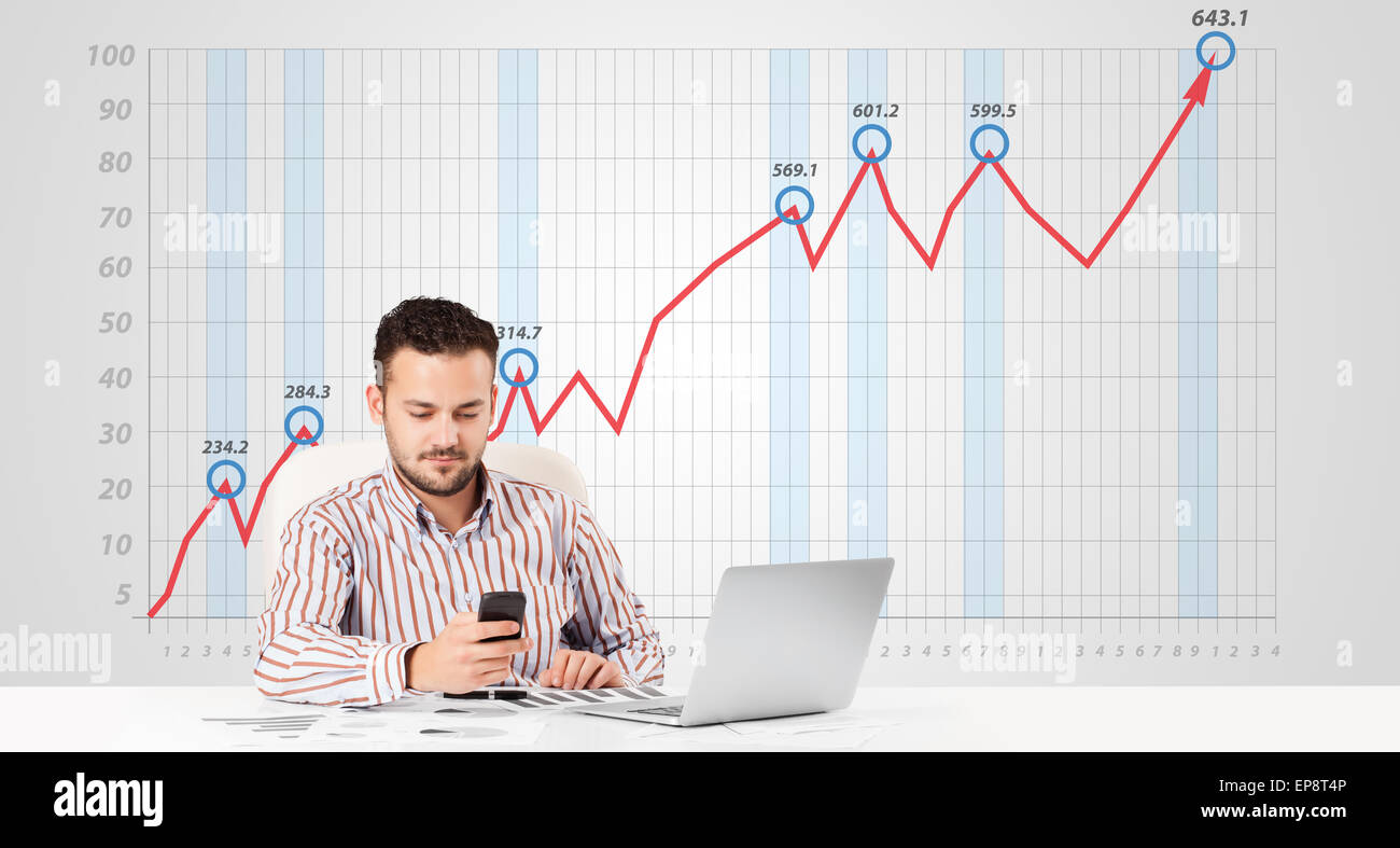 Businessman calculating stock market with rising graph in the ...